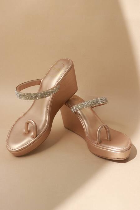 Buy Gold Embellished Crystal Platform Wedges by Myra Online at Aza ...