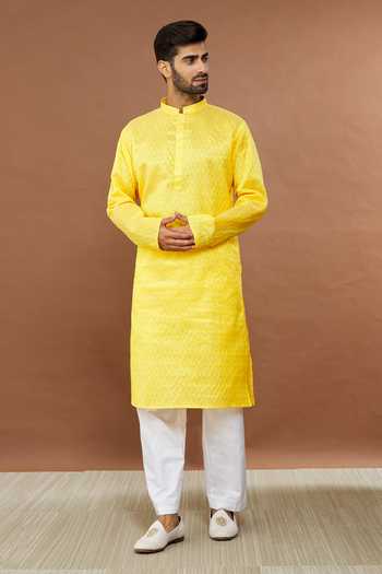 Buy Yellow Silk, Cotton Sequins Kharif Embroidered Kurta Pyjama Set For ...
