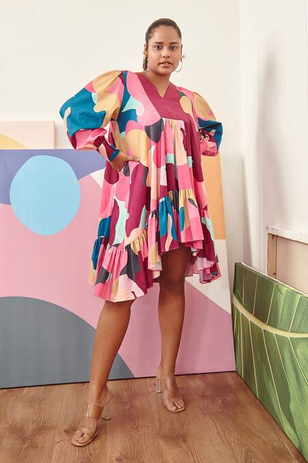 Buy Multi Color Cotton Satin Printed Camo V Neck Thalia High-low Dress ...