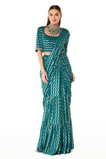 Buy Green Georgette Sequins, Cut Sairaa Embroidered Pre-draped Saree ...