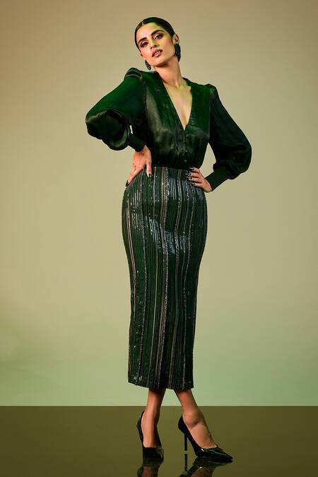 Buy Green Jersey Plain Plunge V Neck The Vega Embellished Dress For ...