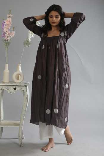 Buy Brown Handwoven Cotton Polka Pattern Square Neck Kurta And Pant Set ...