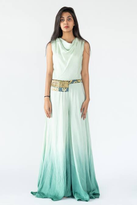 Buy Green Raw Silk Floral, Sequins, Beads Cowl Ombre Effect Jumpsuit ...