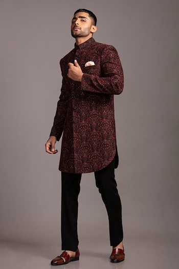 Buy Wine Velvet Blend Printed Paisley Sherwani And Pant Set For Men by ...