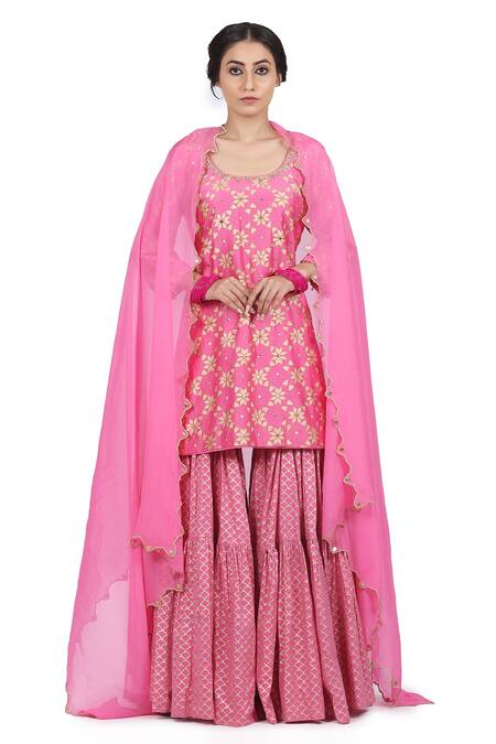 Buy Pink Chanderi Silk Printed Phulkari Baani Zari Embroidered Kurta ...