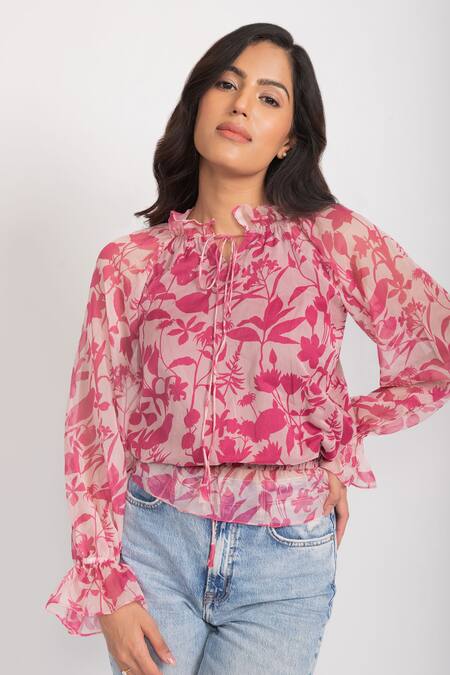 Buy Pink Recycled Chiffon Printed Floral High Neck Alina Ruffle Top For ...