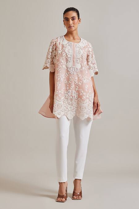 Buy Peach Silk Organza Embellished Thread Round Miva Tunic For Women by ...