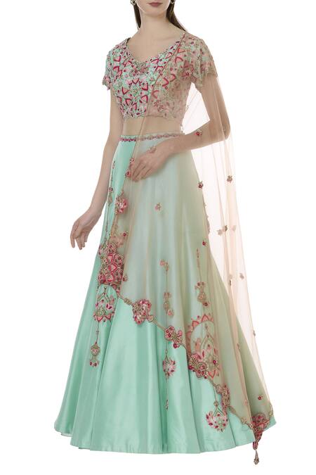 Buy Osaa By Adarsh Green Mulberry Silk Embroidered Lehenga Set Online