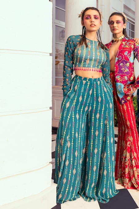 Buy Blue Modal Printed Stripes Round Blouse And Sharara Pant Set For ...