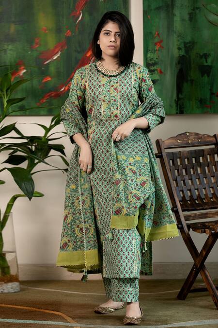 Buy Green Cambric Dupatta Mulmul Hand Block Print Kurta Set For Women ...