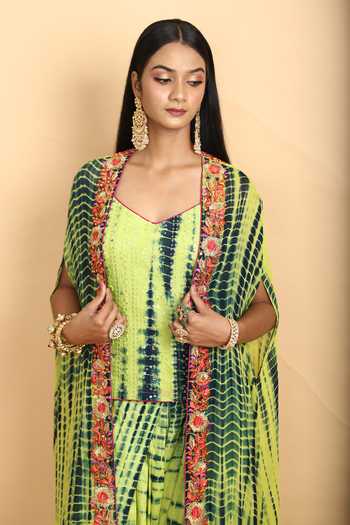 Buy Blue Cape Georgette, Singlet Sherwani, Tulip Pants New Raw Tie Dye ...