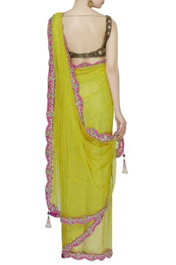 Buy ARPAN VOHRA Yellow Scallop Border Saree With Blouse Online | Aza ...
