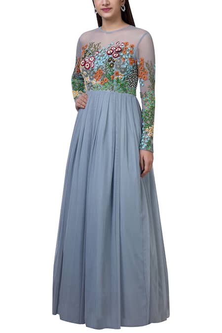 Buy Blue Embroidered Pleated Gown For Women by Huemn Online at Aza ...