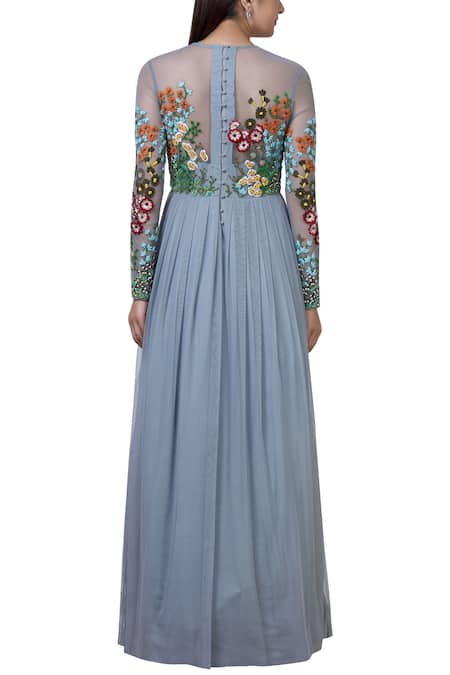 Buy Blue Embroidered Pleated Gown For Women by Huemn Online at Aza ...