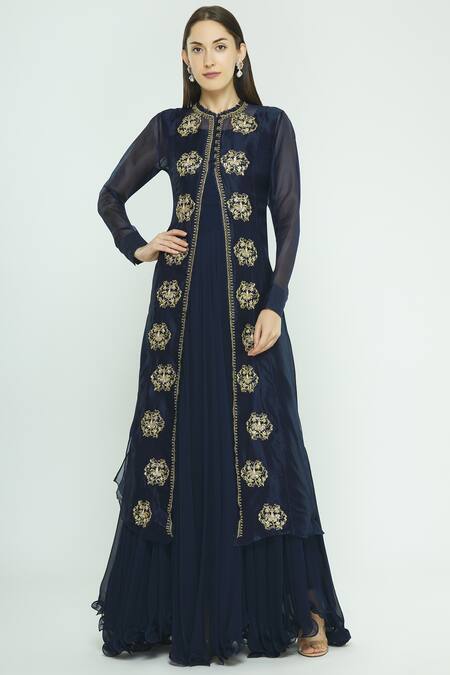 Buy Blue Georgette Round Embroidered Jacket Anarkali Set For Women by ...