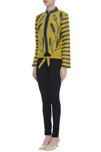 Buy Yellow Mandarin Collar Applique Embroidered Bomber Jacket For Women ...