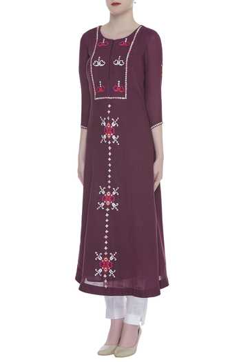 Buy Wine Round Anchor Motif Hand Embroidered Tunic For Women by Desert ...