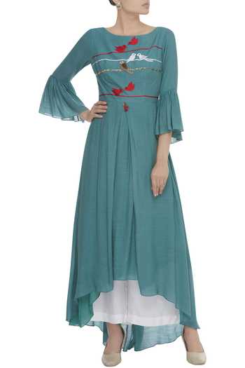Buy Green Linen Cotton Embellished Resham Asymmetric Embroidered Tunic ...