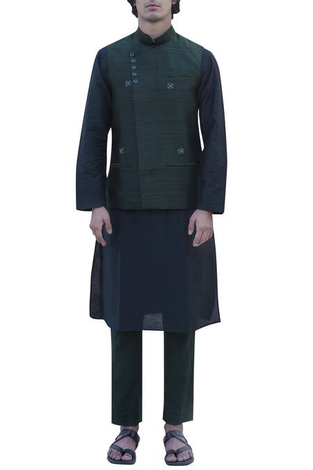 Buy Green Raw Silk Overlap Nehru Jacket For Men by Bohame Online at Aza ...
