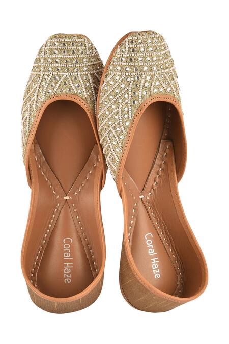 Buy Gold Crystal-embroidered-juttis by Coral Haze Online at Aza Fashions.