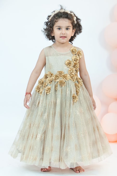 Buy Gold Glitter Netlining Fabric Dupion Shimmer Flared Gown For Girls ...