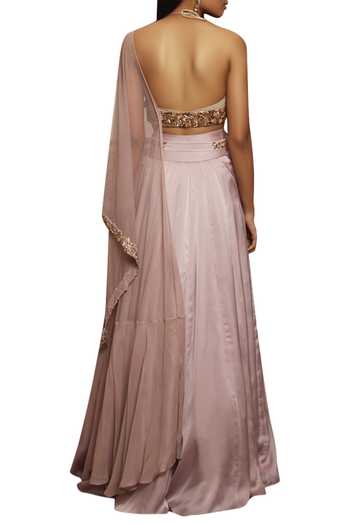 Buy Purple Net, Crepe, Satin Georgette Halter Neckline Embroidered ...