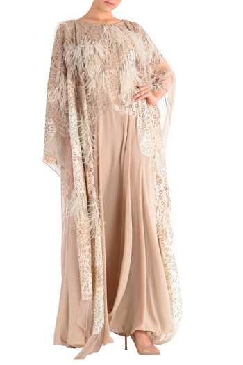 Buy Beige Tulle Round Laser Cut Kaftan Style Gown For Women by Not So ...