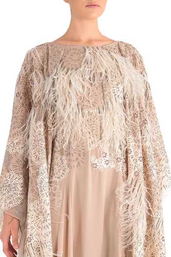 Buy Beige Tulle Round Laser Cut Kaftan Style Gown For Women by Not So ...
