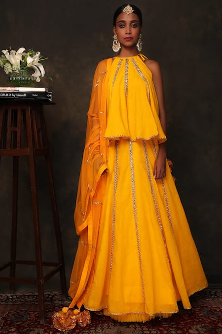 Buy Yellow Organdy Halter Neck Embroidered Top Lehenga Set For Women by ...