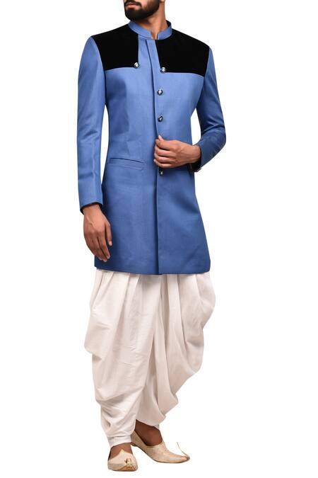 Buy Blue Terry Rayon Sherwani With Draped Pants For Men by Arihant Rai ...