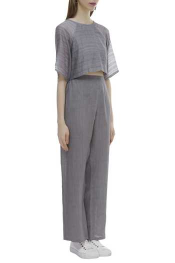 Buy Gray Cotton Embroidery Round Neck Stitchline Stripe Organic Crop ...