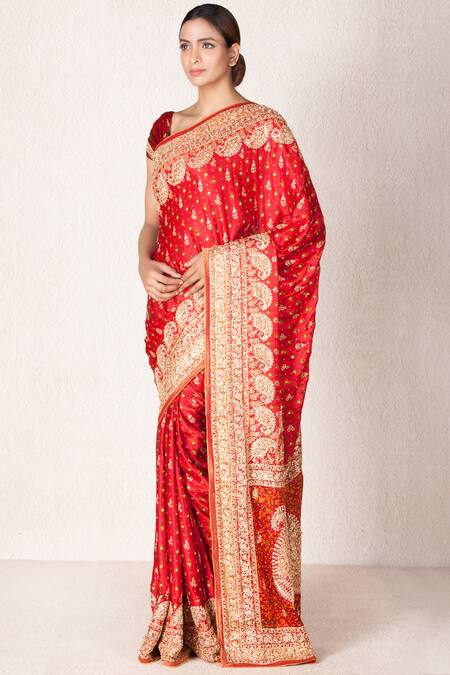 Buy Red Gajji Silk Embroidered Saree With Unstitched Blouse For Women by RI.Ritu Kumar Online at ...