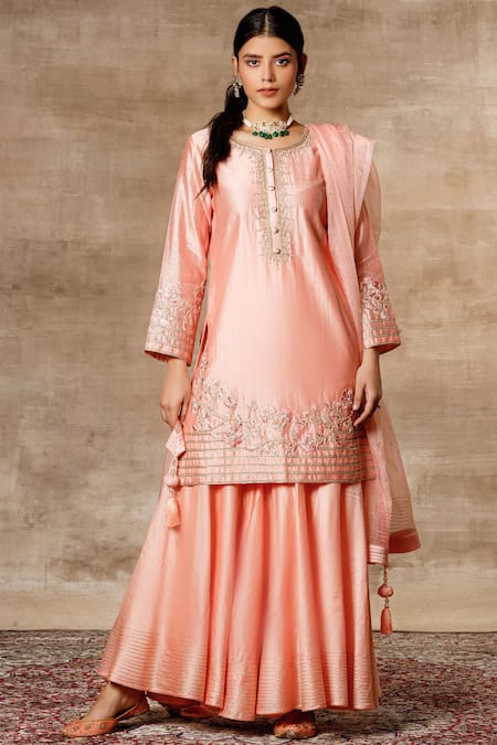 Buy Peach Chanderi Round Embroidered Kurta Sharara Set For Women by Ajiesh Oberoi Online at Aza ...