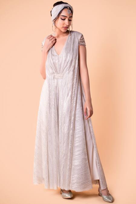 Buy White Foil Crinkle V Neck Overlay Flared Jumpsuit For Women by ...