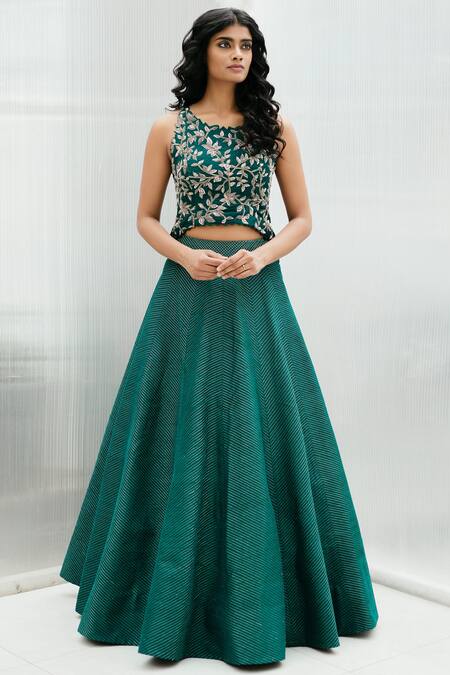 Buy Mrunalini Rao Green Raw Silk Embroidered Lehenga Set Online | Aza ...