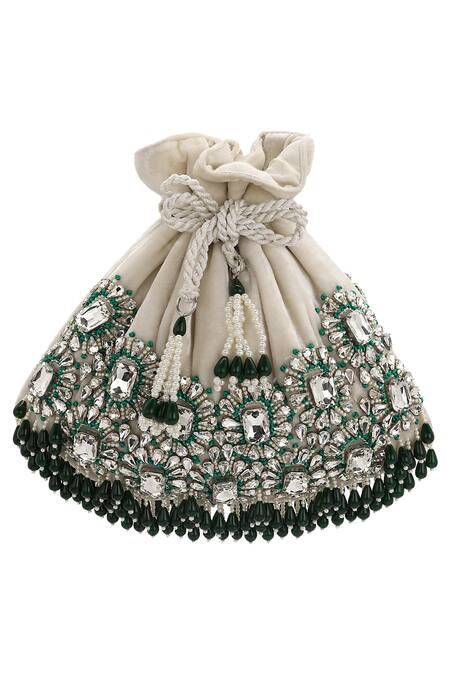 Buy White Pearls Velvet Embellished Potli Bag by Aanchal Sayal Online ...
