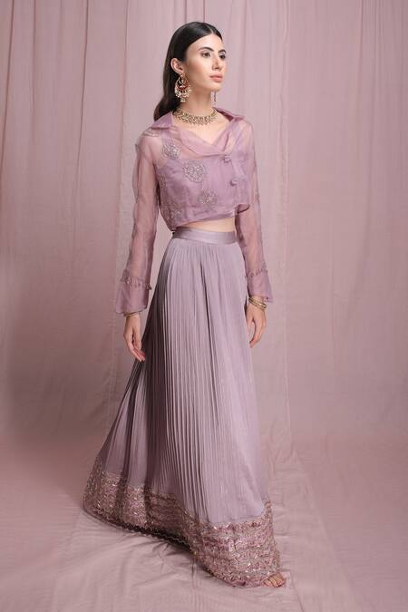 Buy Purple Nirvana Crepe Jacket Organza Jacket Spread Pleated Skirt And ...