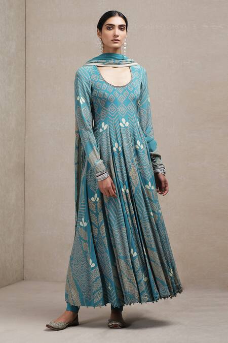 Buy Blue Anarkali Viscose Round Printed Set For Women by Ritu Kumar ...