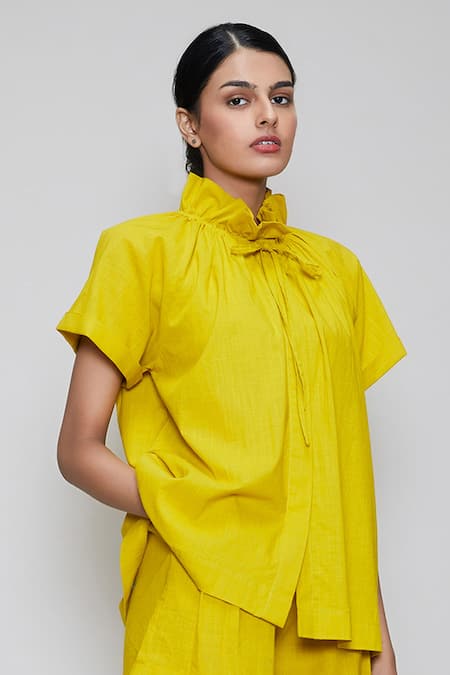 Buy Yellow Cotton High Neck Ruffle Shirt For Women by MATI Online at ...