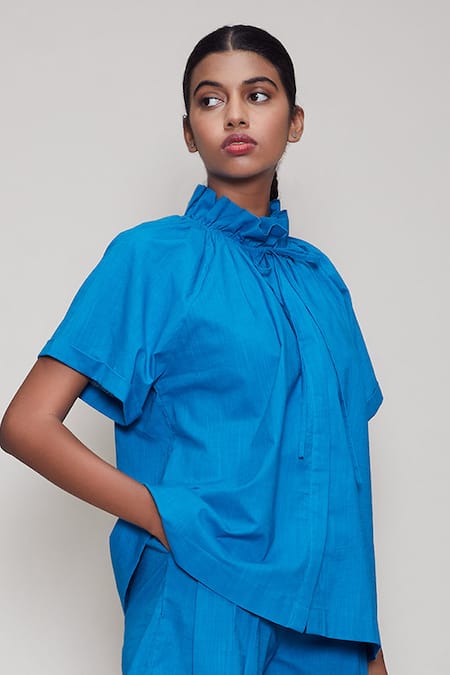 Buy Blue Cotton High Neck Ruffle Shirt For Women by MATI Online at Aza ...
