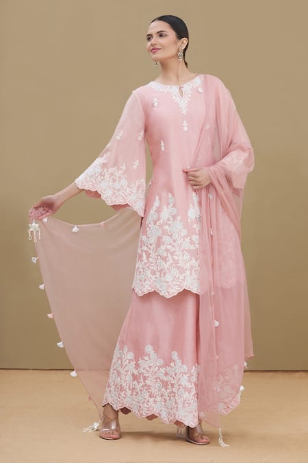 Buy Peach Embroidery Round Chanderi Kurta Set For Women by Surabhi Arya Online at Aza Fashions.