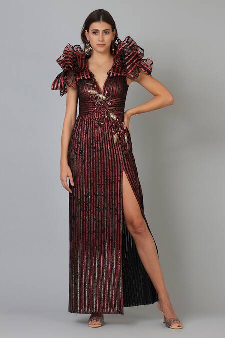 Buy Maroon Embroidery V Neck Embellished Slit Gown For Women by Geisha ...