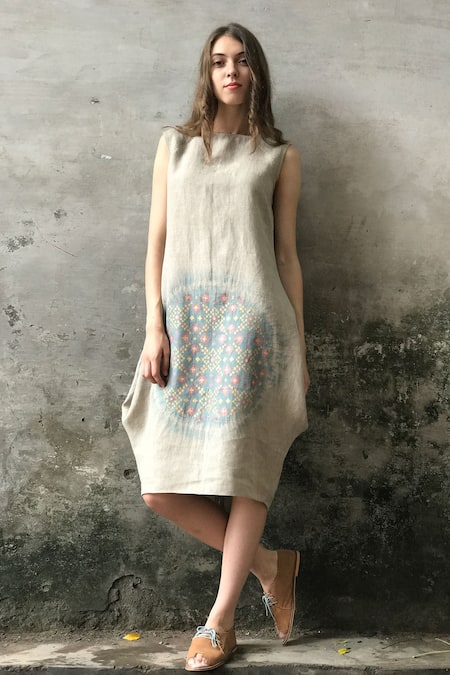 Buy Beige Linen Round Dress For Women by I AM Design Online at Aza ...