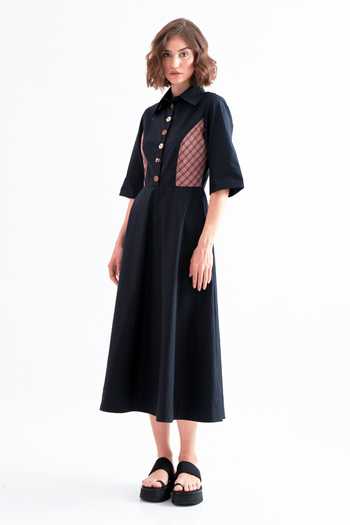 Buy Black Cotton Poplin Woven Checks Shirt Collar Daria Dress For Women ...