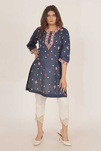 Buy Rina Dhaka Blue Cotton Embroidered Tunic Online | Aza Fashions