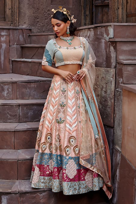 Buy Peach Pure Raw Silk Embroidery Zardozi And Beads Square Neck Bridal Lehenga Set For Women by ...