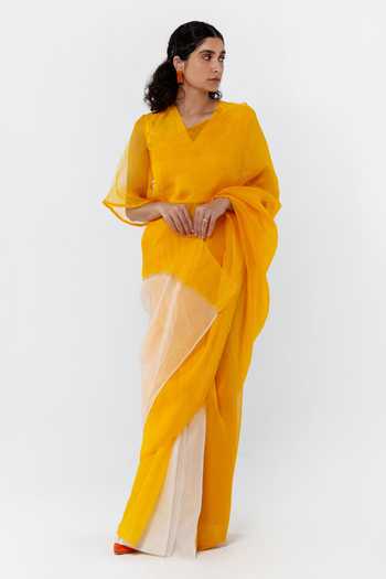 Buy Yellow Handwoven Organza Embroidered Kantha Colorblock Saree For ...