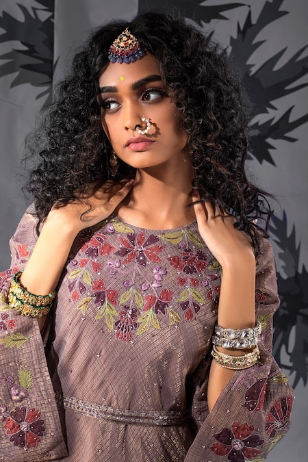 Buy Purple Kurta Kota Silk Bustier Glace Cotton Sweet Grass Embroidered ...