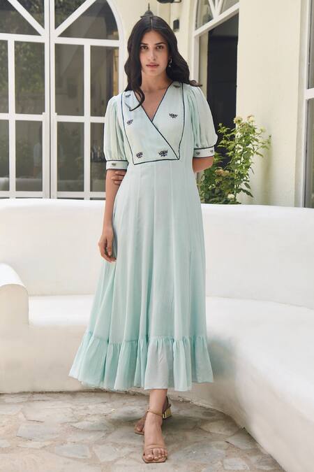 Buy Blue Banglori Silk Embroidered Floral Motifs V Neck Overlap Panel ...