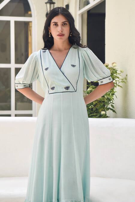 Buy Blue Banglori Silk Embroidered Floral Motifs V Neck Overlap Panel ...